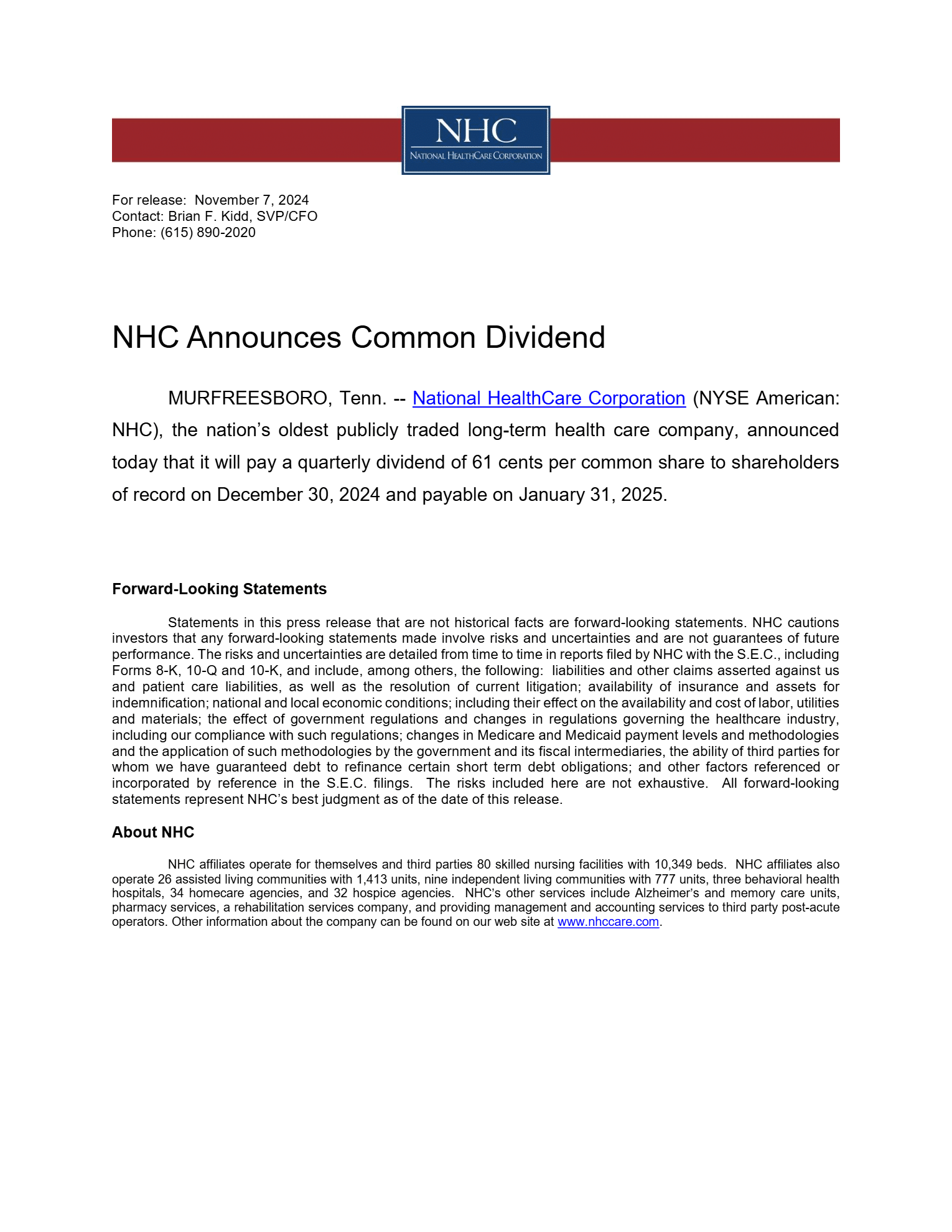 NHC Announce 2024 3rd Quarter Dividend - NHCCare.com