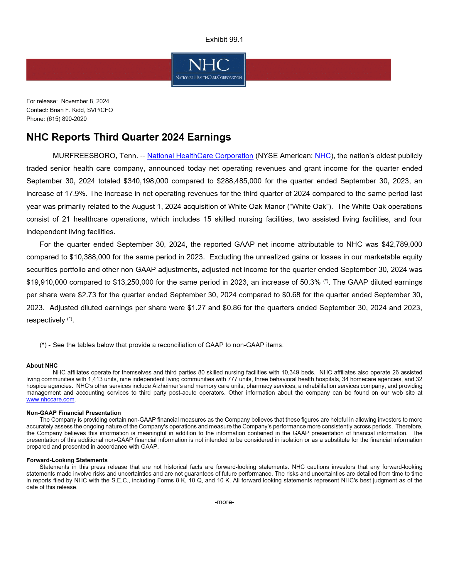 NHC Announces 2024 3rd Quarter Earnings - NHCCare.com